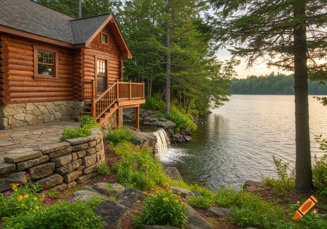 A log cabin overlooks a lake with a small waterfall cascading into the ...