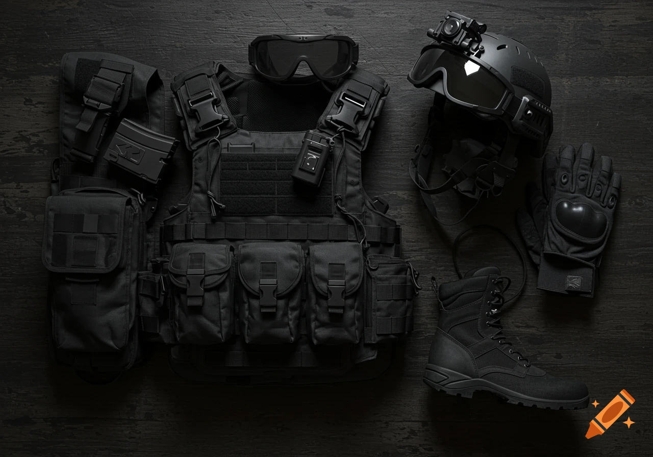 Black tactical vest, helmet, goggles, gloves, and boot laid out on a ...