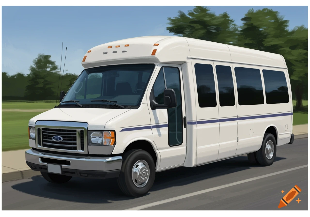 A white shuttle van drives on a road in a painted style. on Craiyon