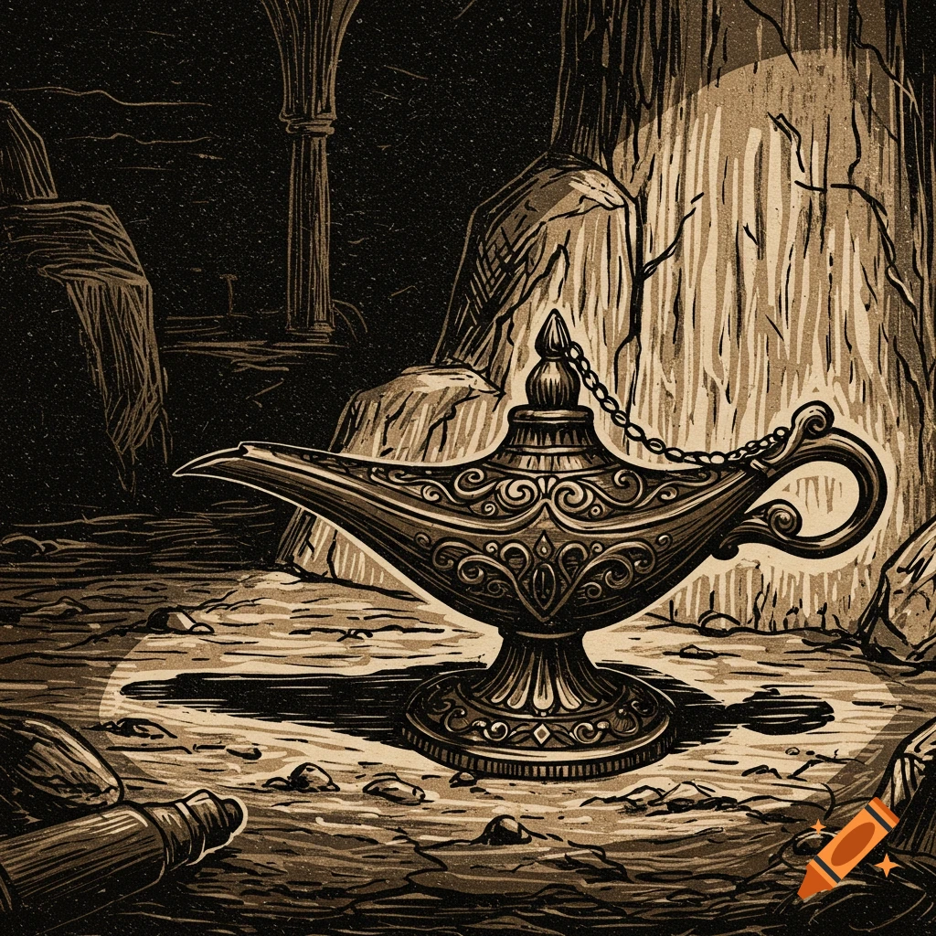 An ornate genie's lamp sits in a dark, rocky cave, rendered in a ...