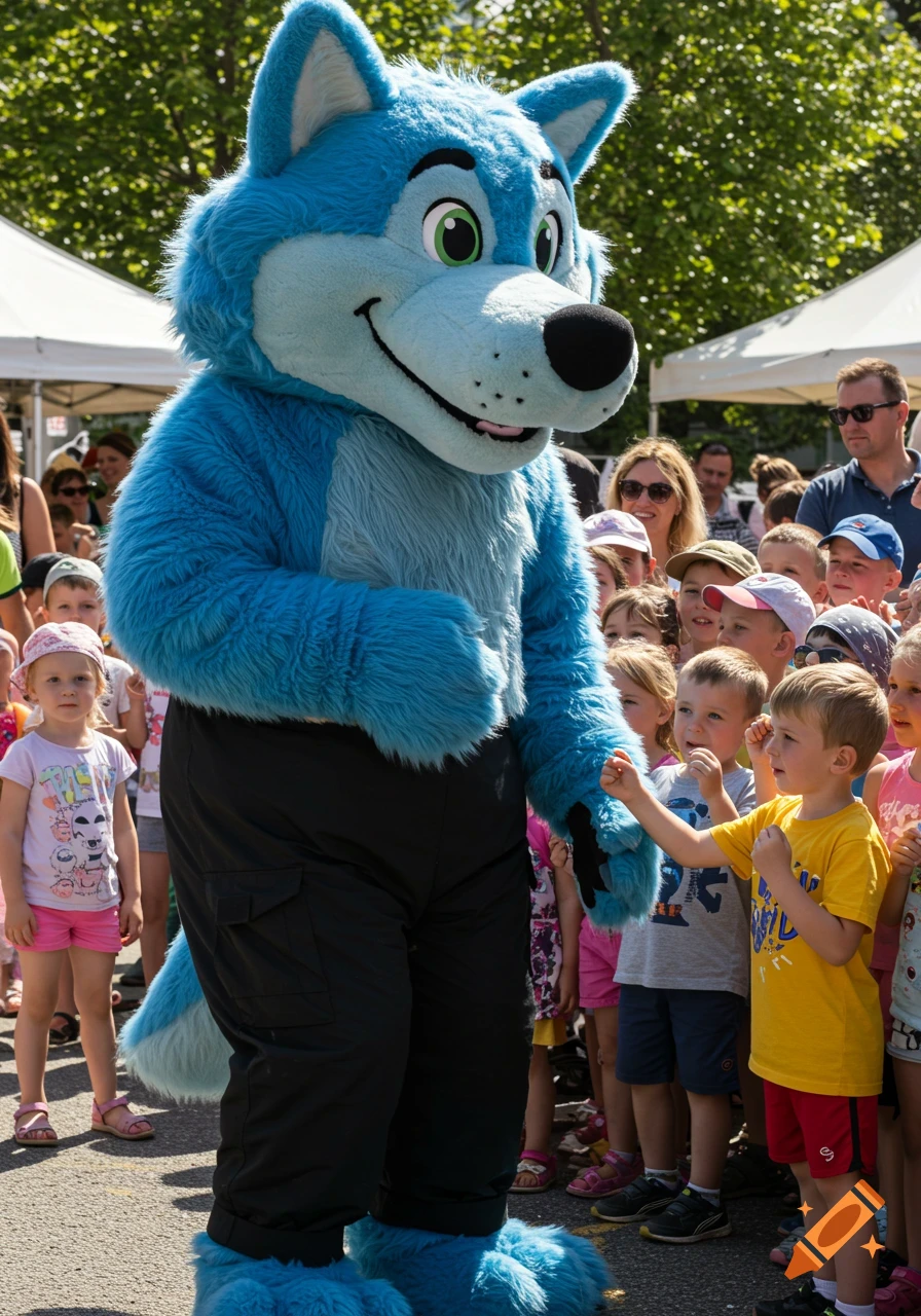 A large blue wolf mascot stands among a crowd of children at an outdoor ...