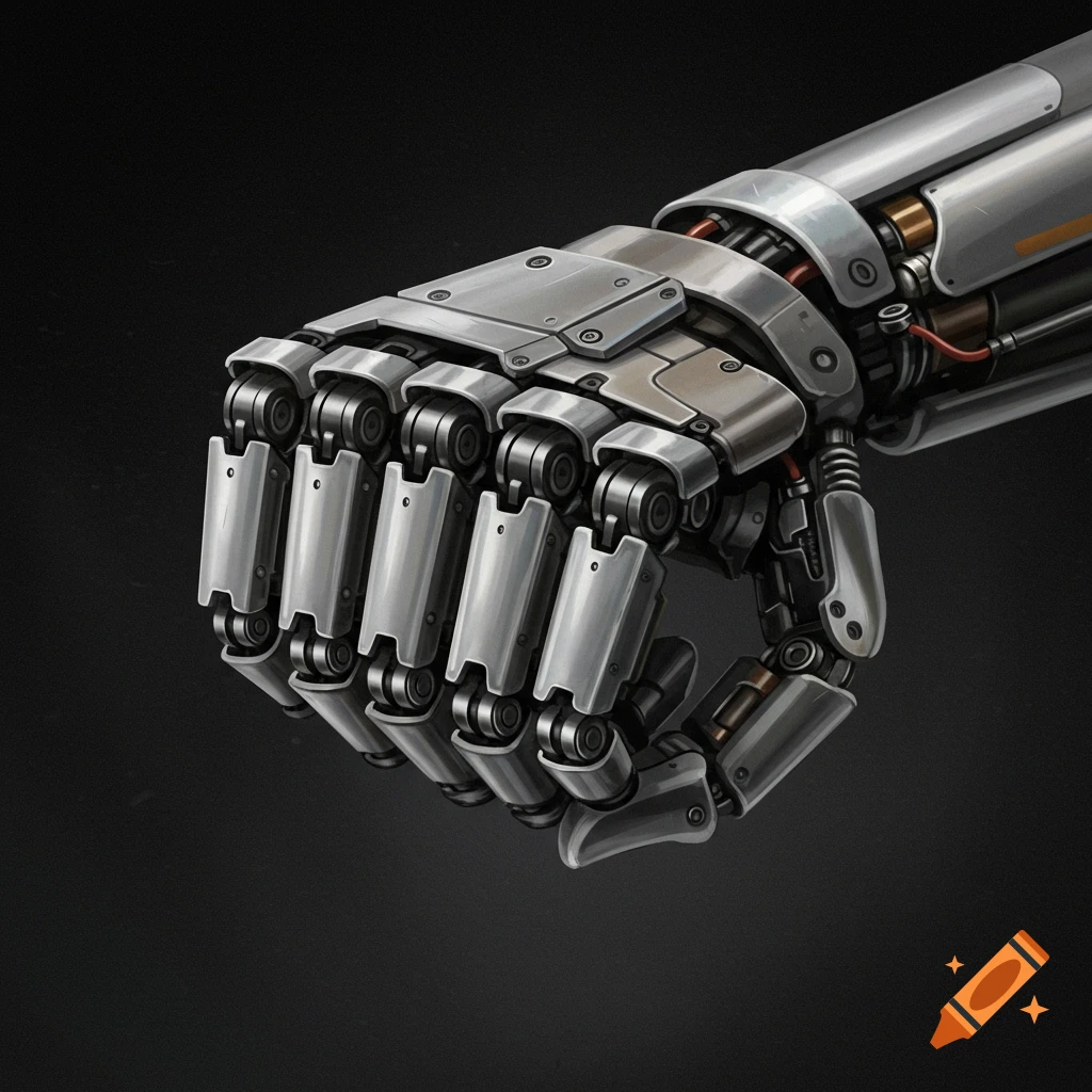 A close-up of a silver robotic hand forming a fist against a dark ...
