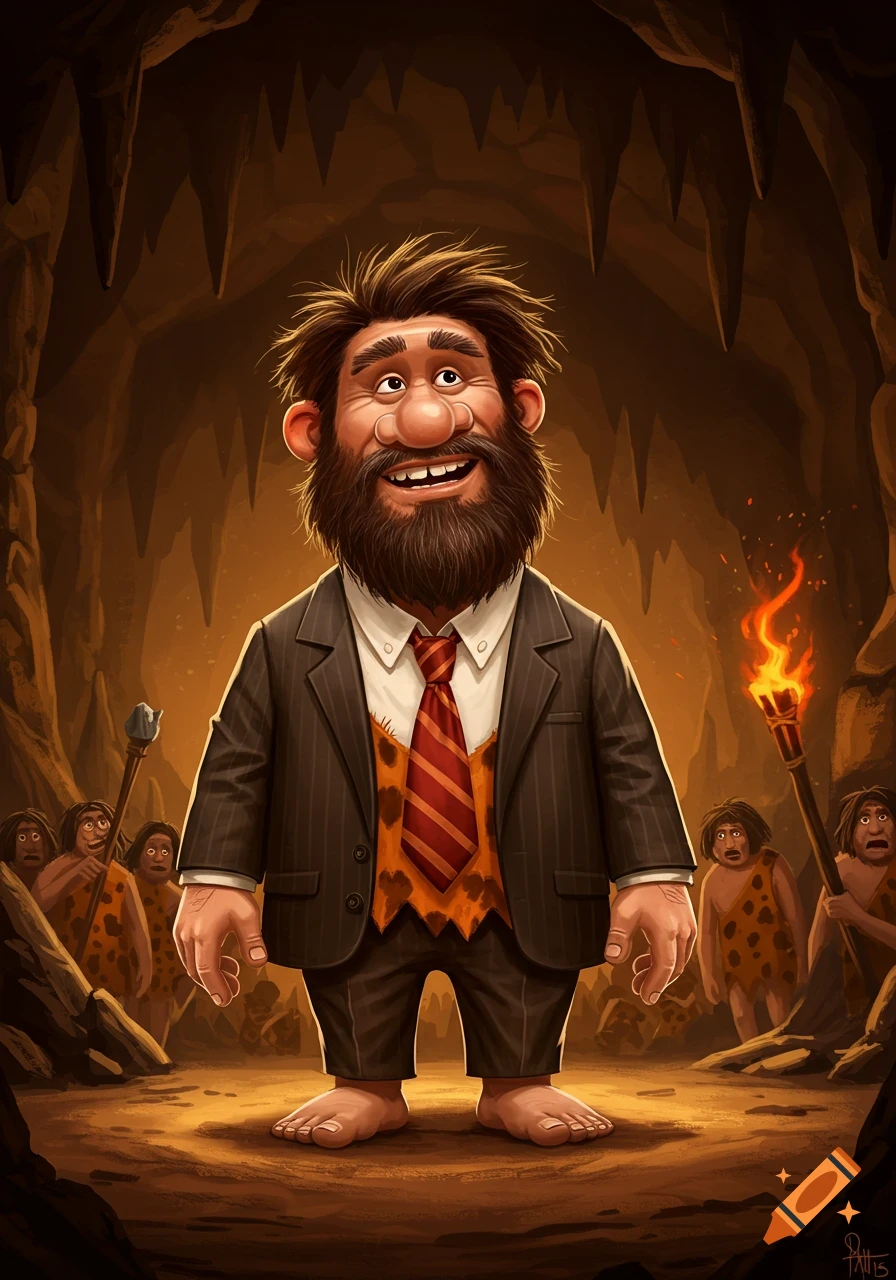 Cartoon illustration of a caveman wearing a suit and tie standing in a ...