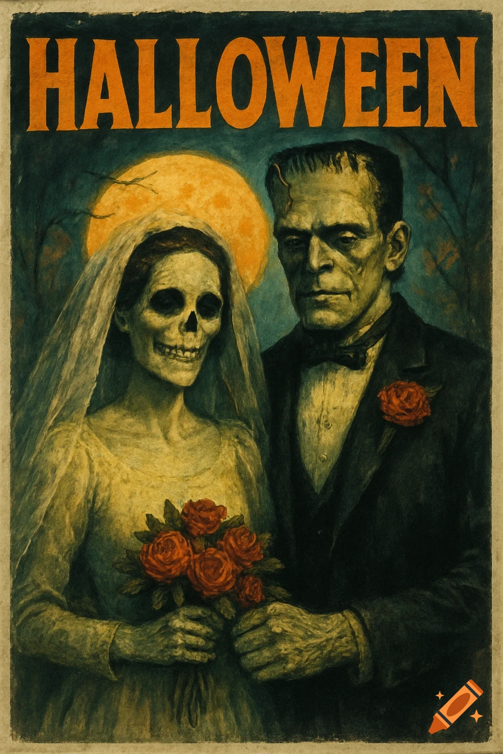 Vintage Halloween poster of Frankenstein and a skeleton bride under a ...