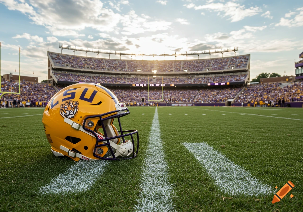 An LSU football helmet sits on the field in a stadium with fans in the ...