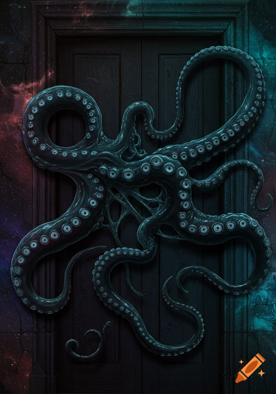 A dark, multi-tentacled cosmic horror creature covers a wooden door in ...