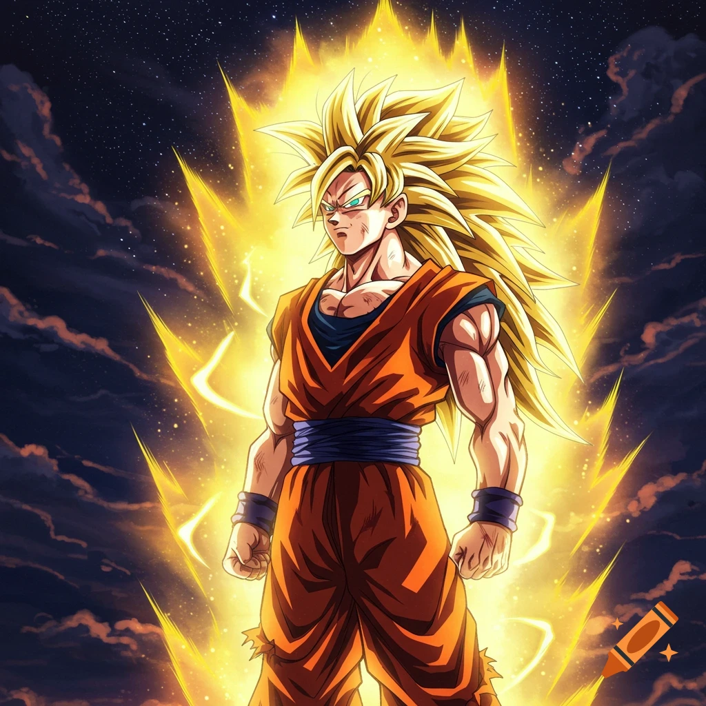 Anime illustration of Goku in Super Saiyan 3 form surrounded by a ...