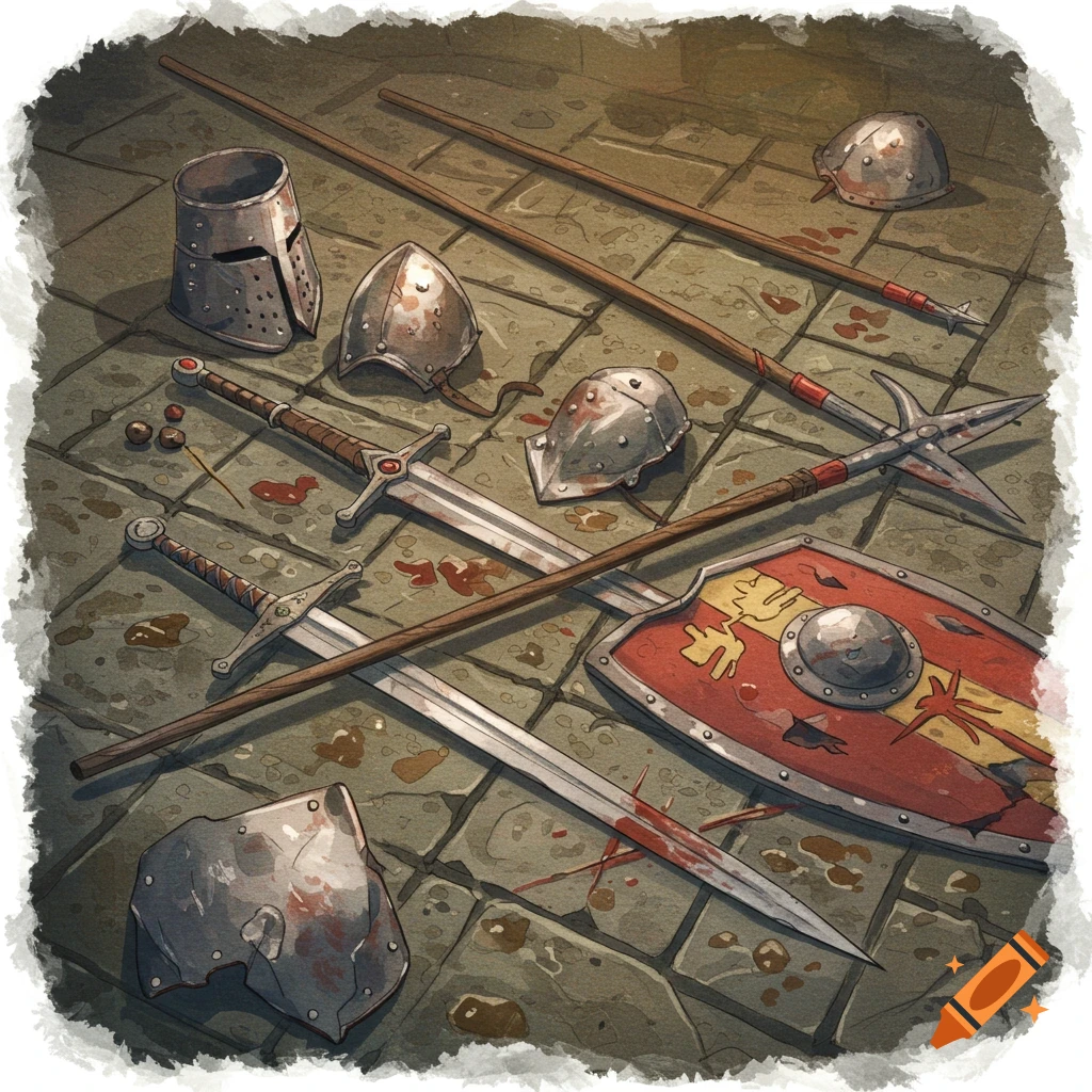 Watercolor illustration of medieval weapons, armor, and shields covered ...