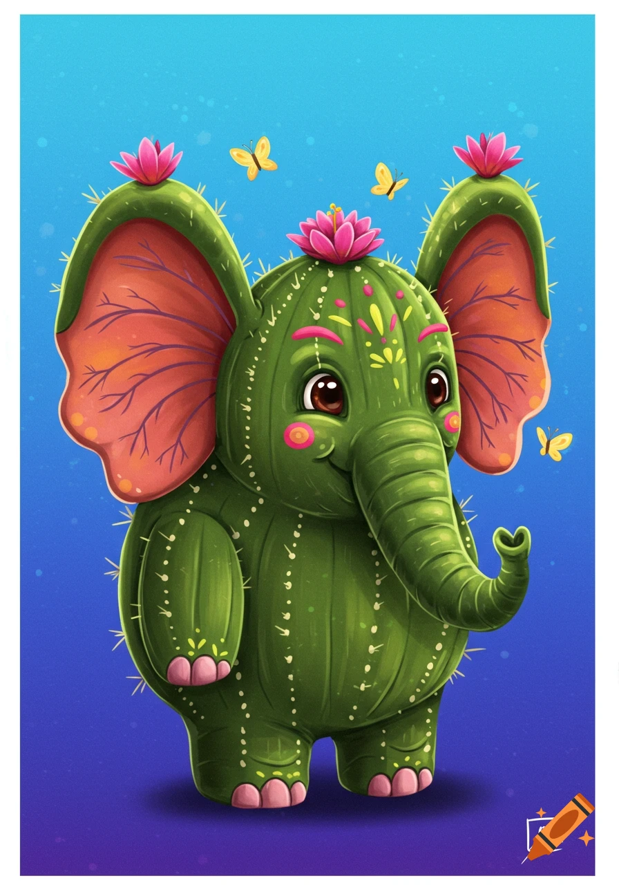 A cute cartoon elephant made of a cactus with flowers and butterflies ...