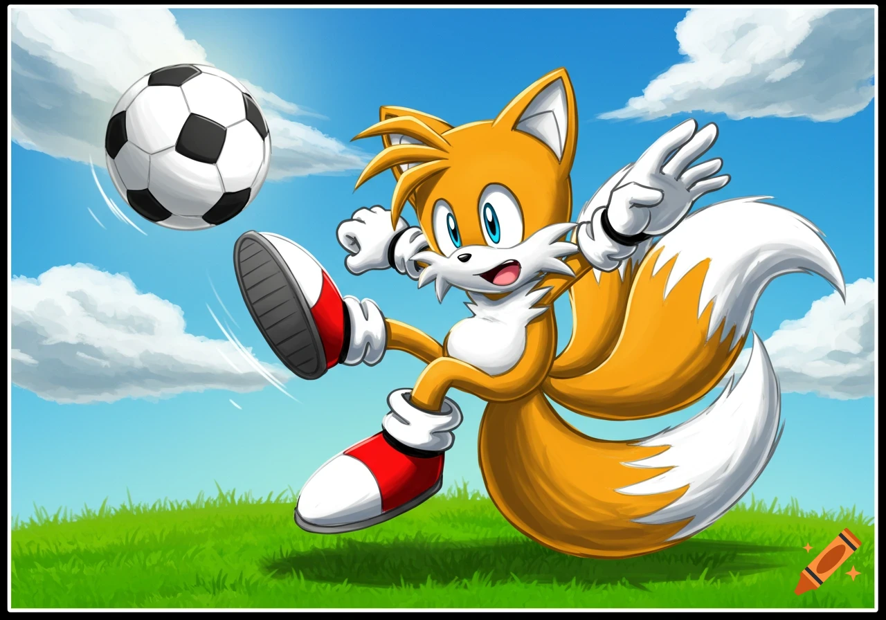 Cartoon style depiction of Tails the Fox kicking a soccer ball on a ...