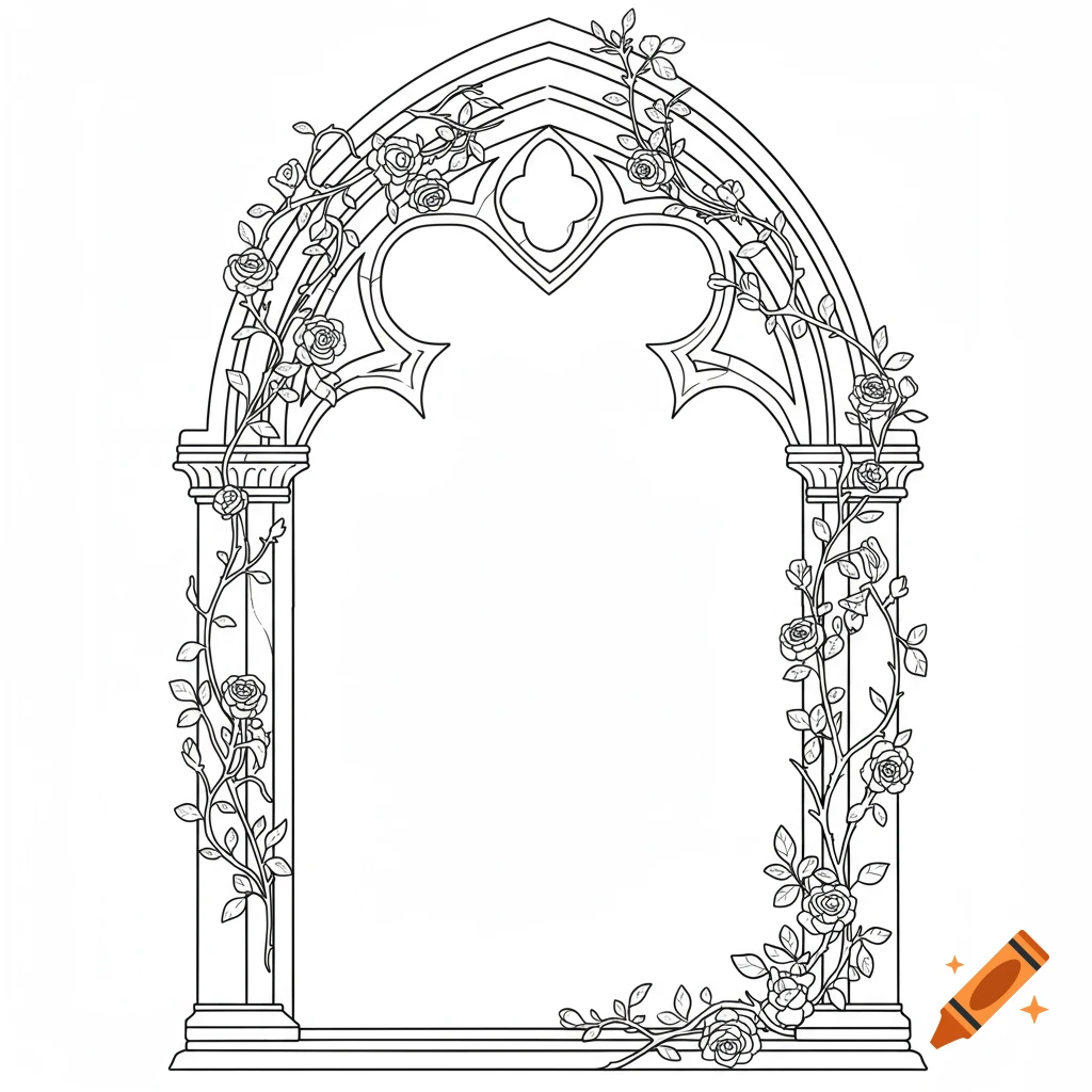 Gothic window arch outline with climbing rose vines. on Craiyon