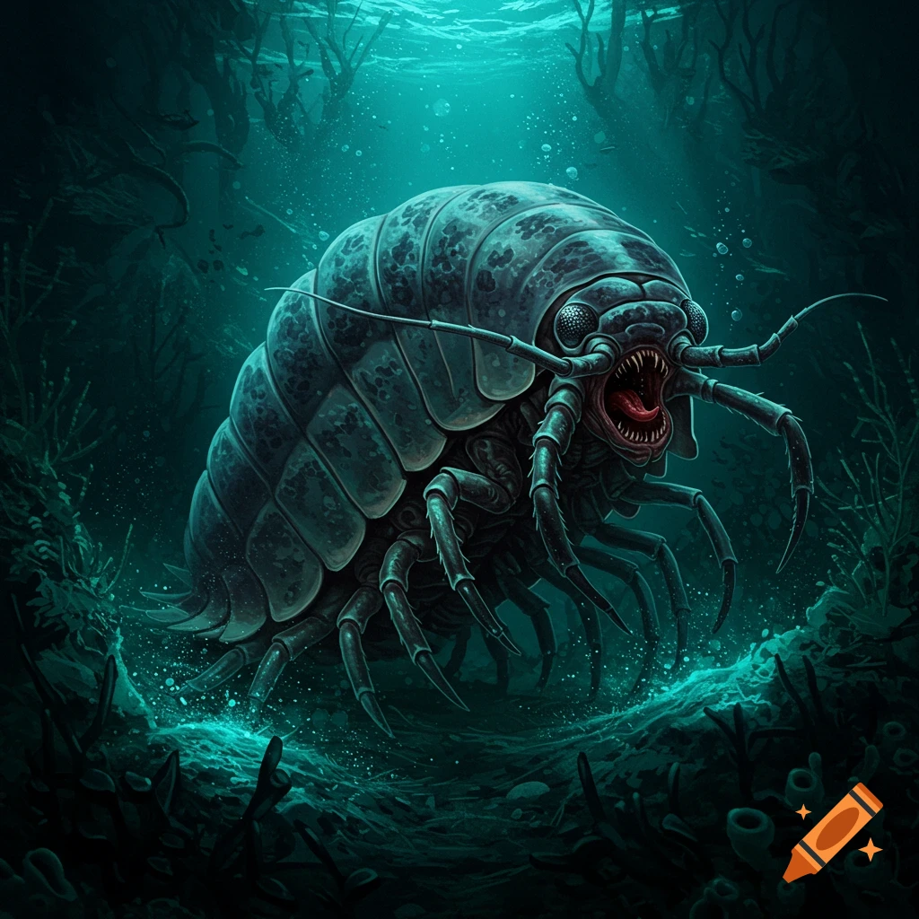 A giant isopod creature screams underwater. on Craiyon