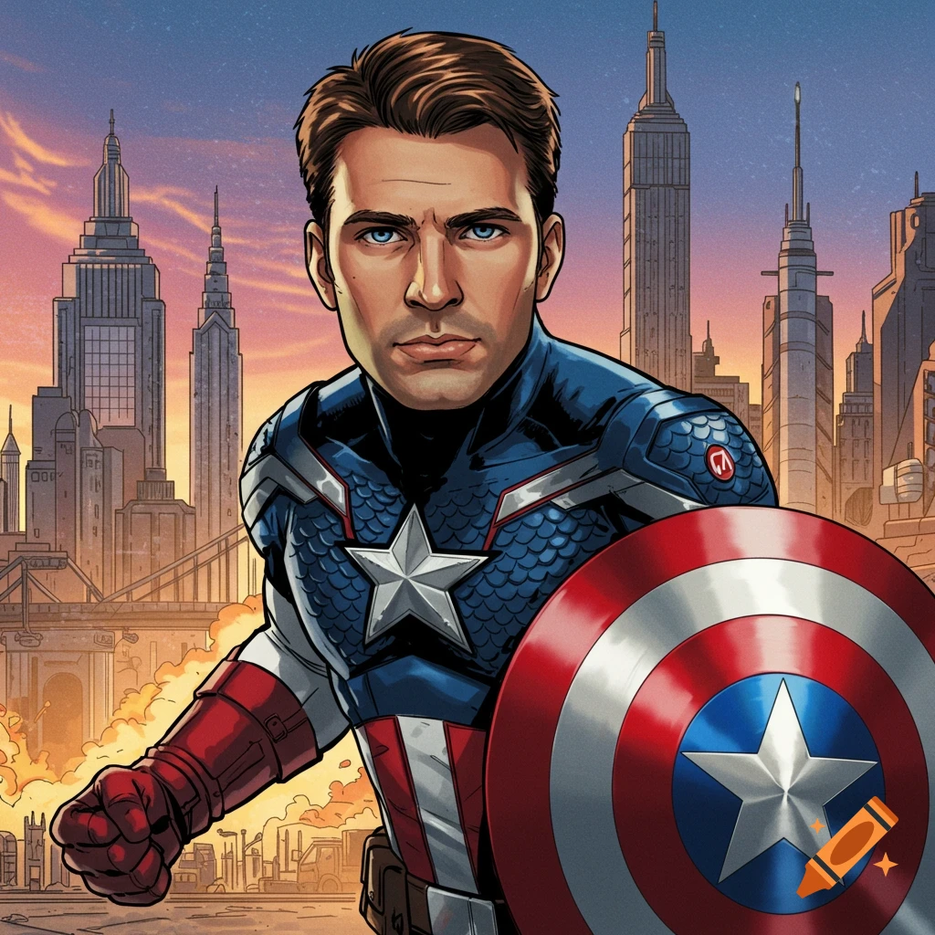 Illustration of a superhero resembling Captain America holding his ...