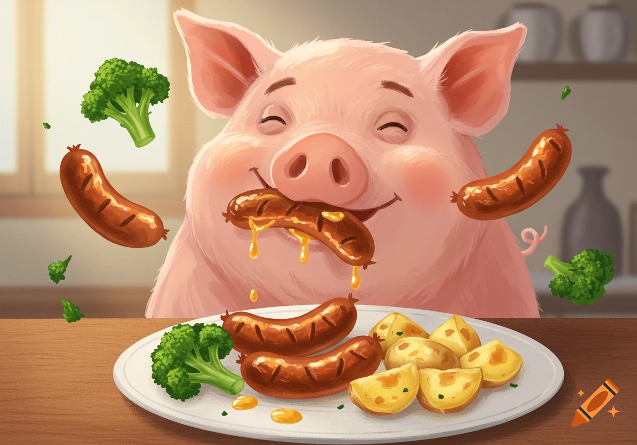 A cartoon pig gleefully eating sausages and vegetables on Craiyon