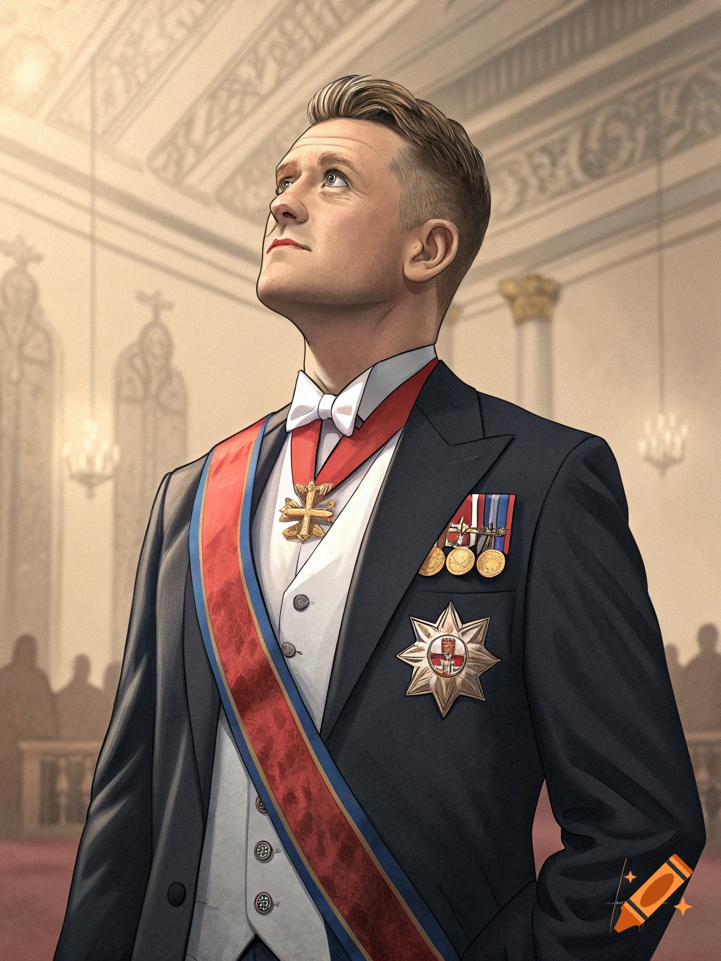 Illustration of a man in formal attire with a sash and medals looking ...