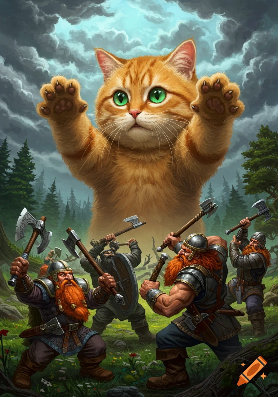 Giant ginger cat towers over dwarves wielding axes in a forest clearing ...