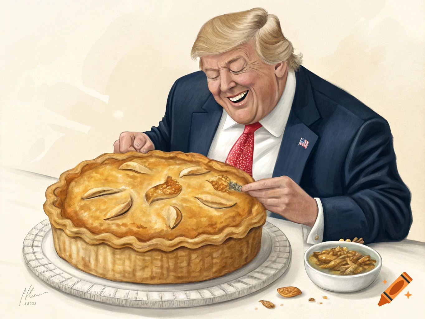 Caricature of Donald Trump happily eating a large pie on Craiyon