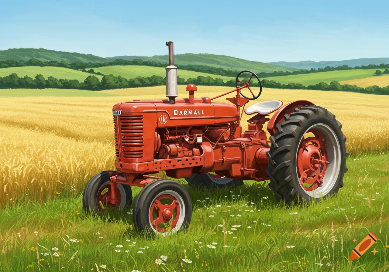 A red Farmall tractor sits in a grassy field next to tall wheat under a ...