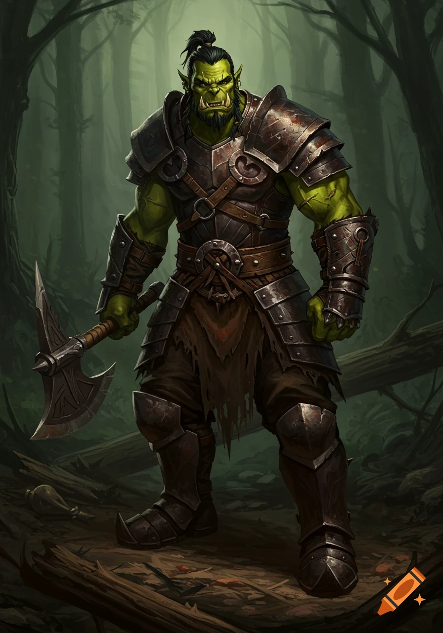 Digital painting of a large orc in intricate armor standing in a forest ...