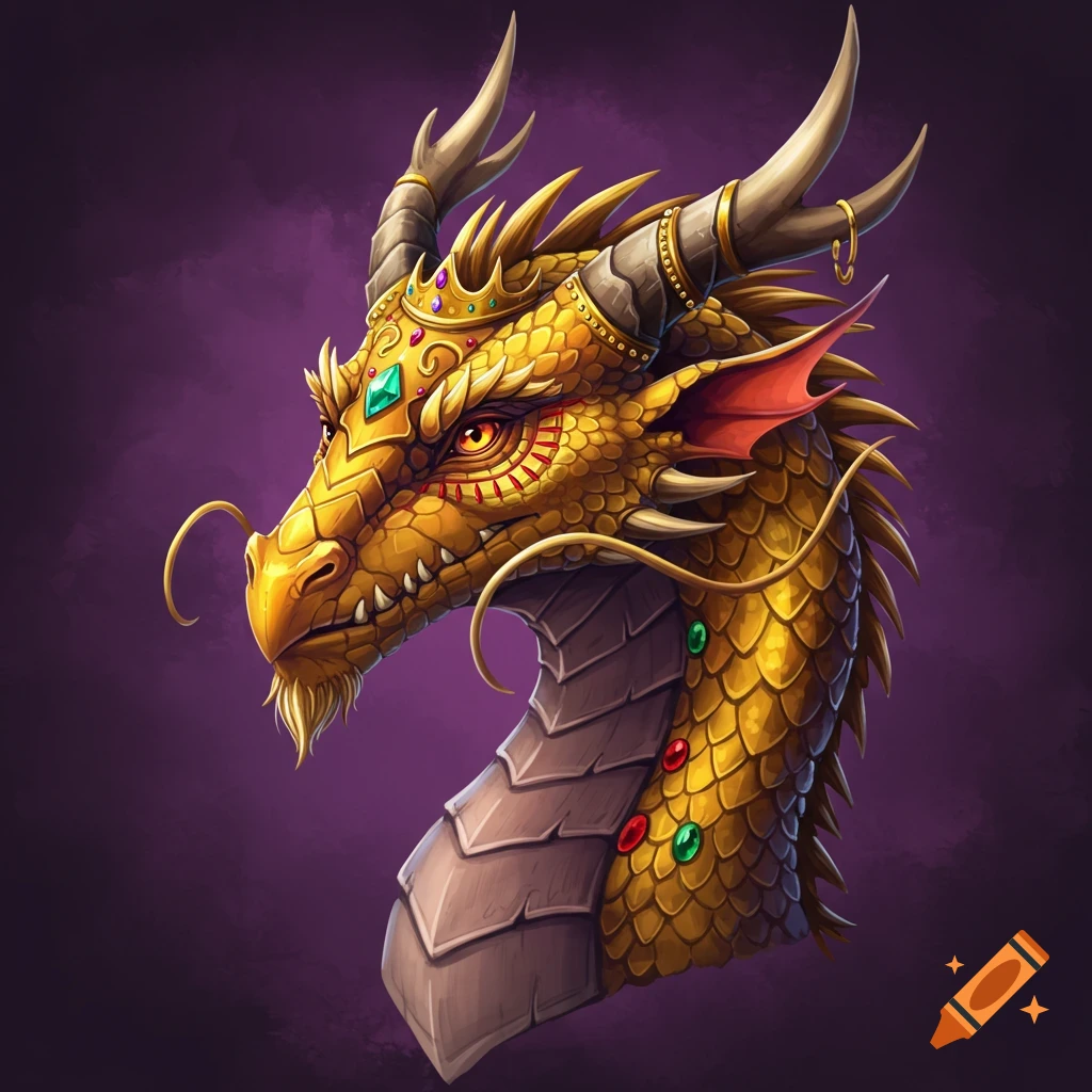 Portrait of a majestic golden fantasy dragon head wearing a crown and ...