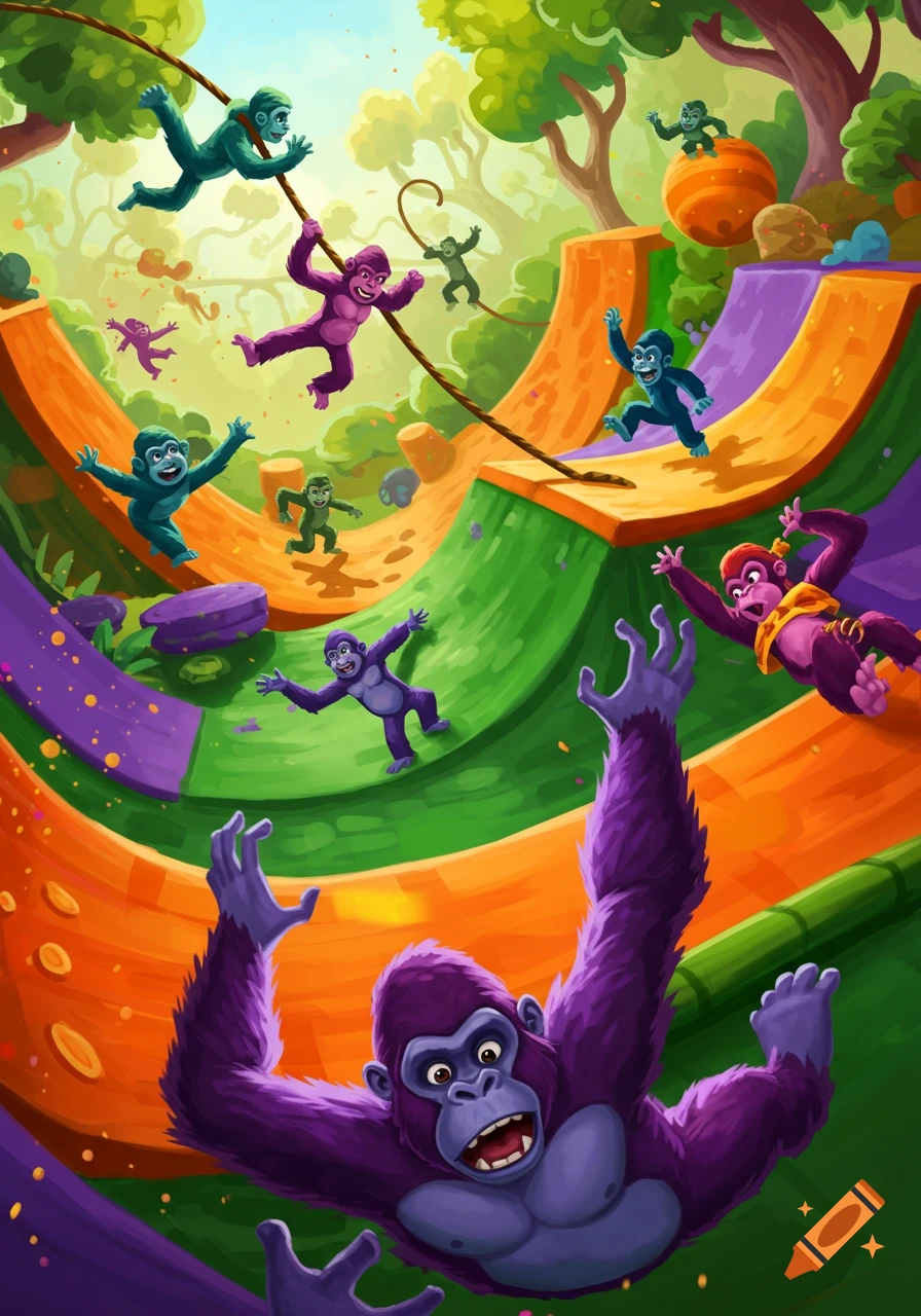 Cartoon monkeys playing on colorful ramps in a jungle setting. on Craiyon