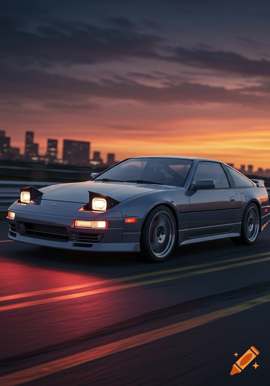 Grey sports car with pop-up headlights driving at sunset on a road with ...
