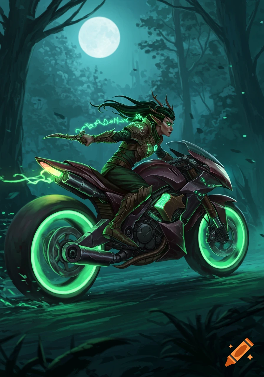 A wood elf on an electric motorcycle rides through a dark forest at ...