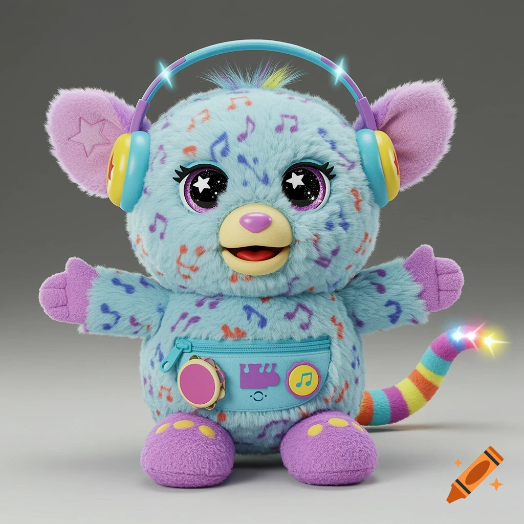 A blue plush toy with musical notes, headphones, sparkly eyes, and a ...