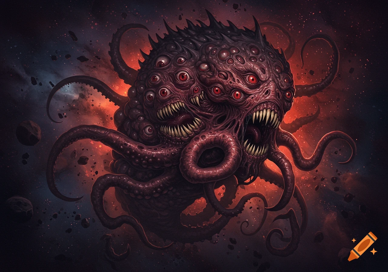 A grotesque cosmic horror creature with many red eyes, multiple mouths ...