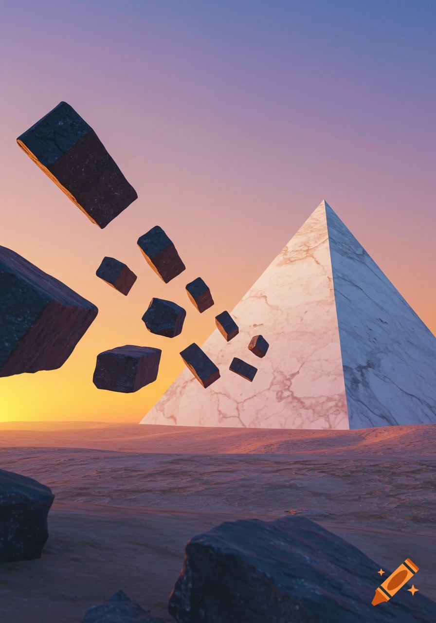 Surreal scene with floating stone blocks moving toward a marble pyramid ...