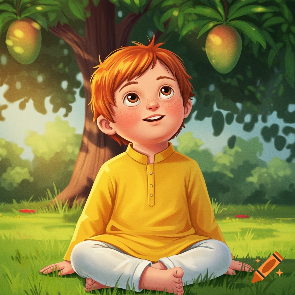 Illustration of a ginger-haired child in a yellow kurta sitting under a ...