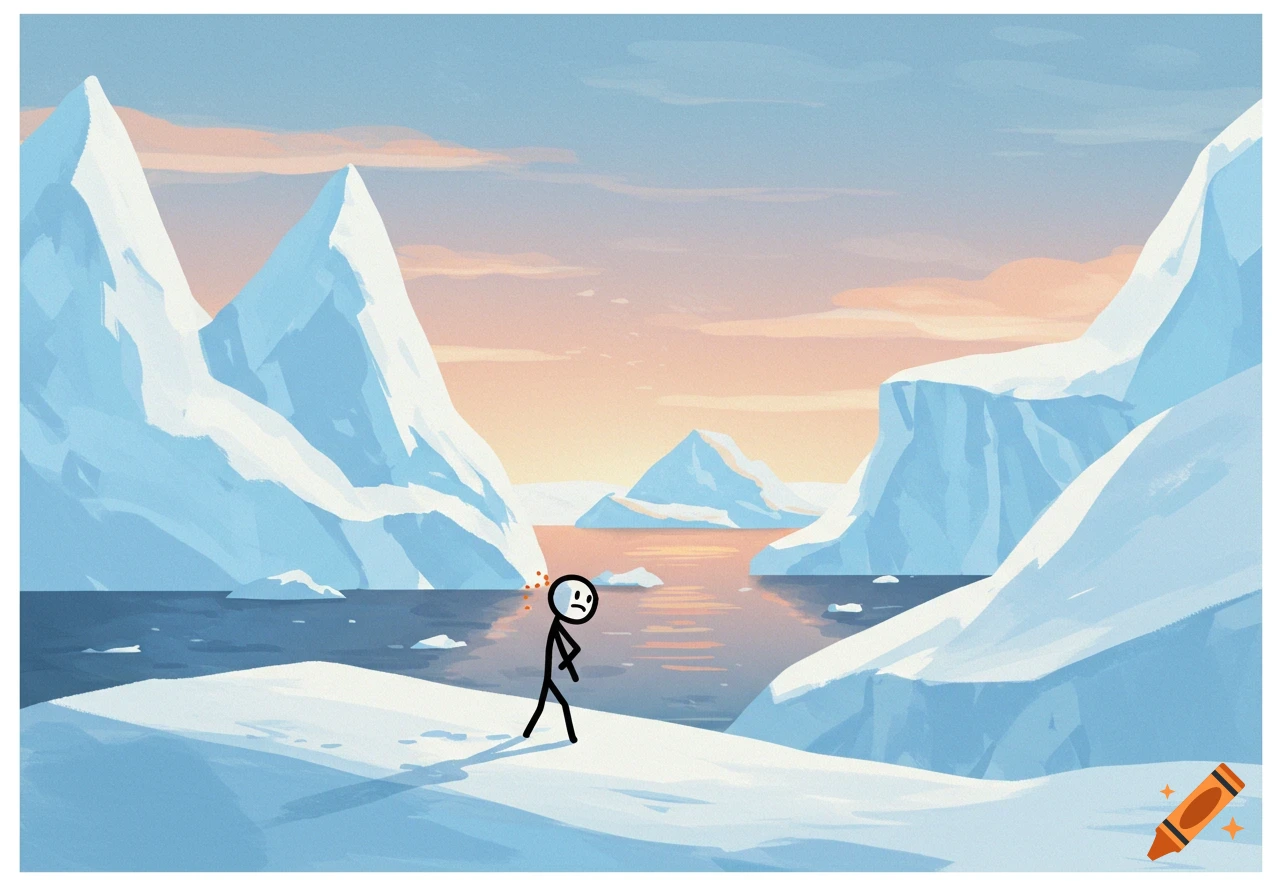 A stick figure character stands on a snowy ledge overlooking an arctic ...