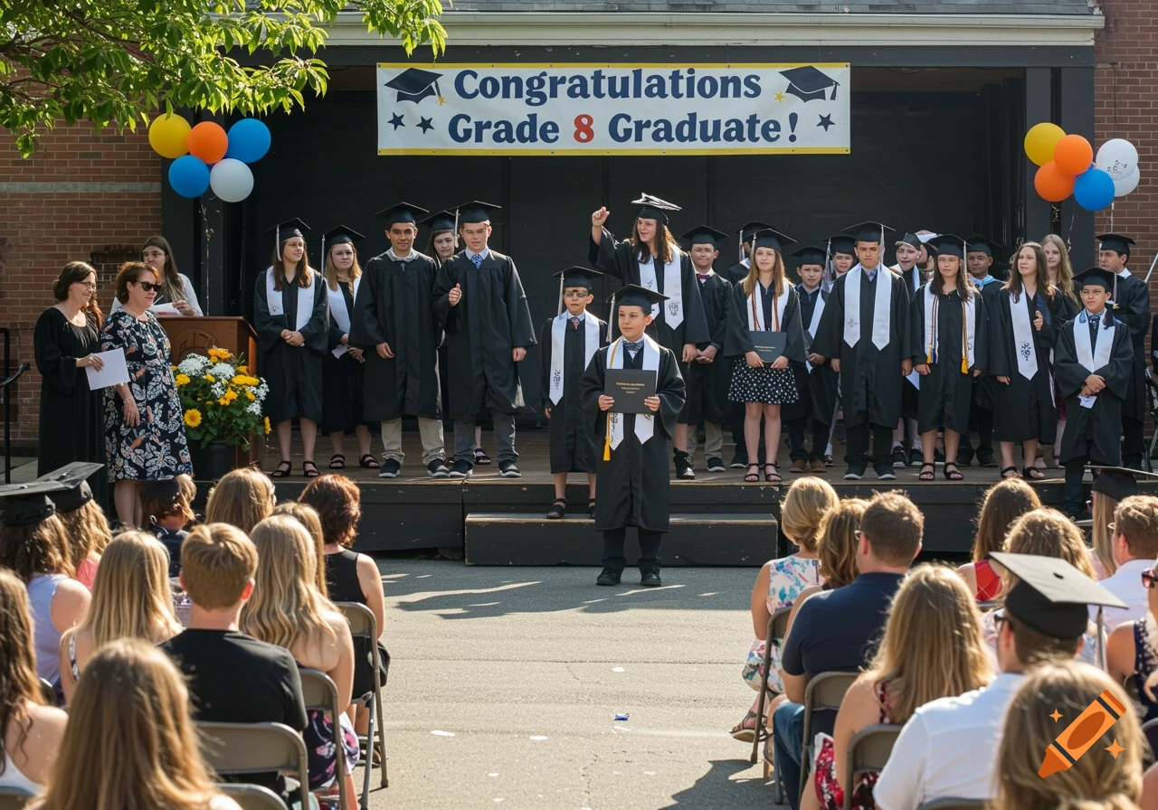 Students and teachers on a stage during a Grade 8 graduation ceremony ...