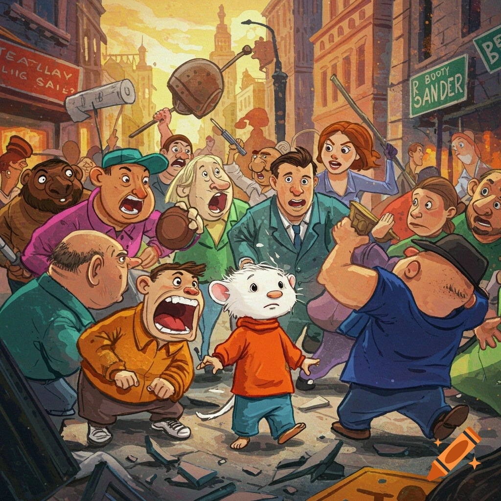 Cartoon of Stuart Little looking confused amidst a chaotic street riot ...