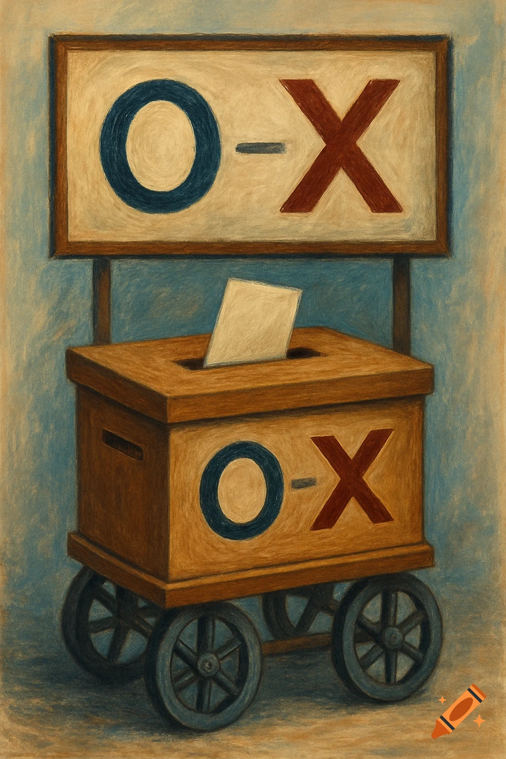Stylized illustration of a voting box cart with a ballot, displaying O ...
