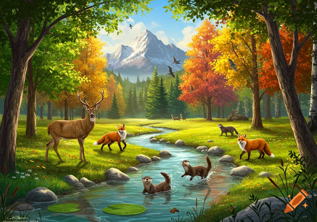 An illustration of deer, foxes, and otters in an autumn forest ...