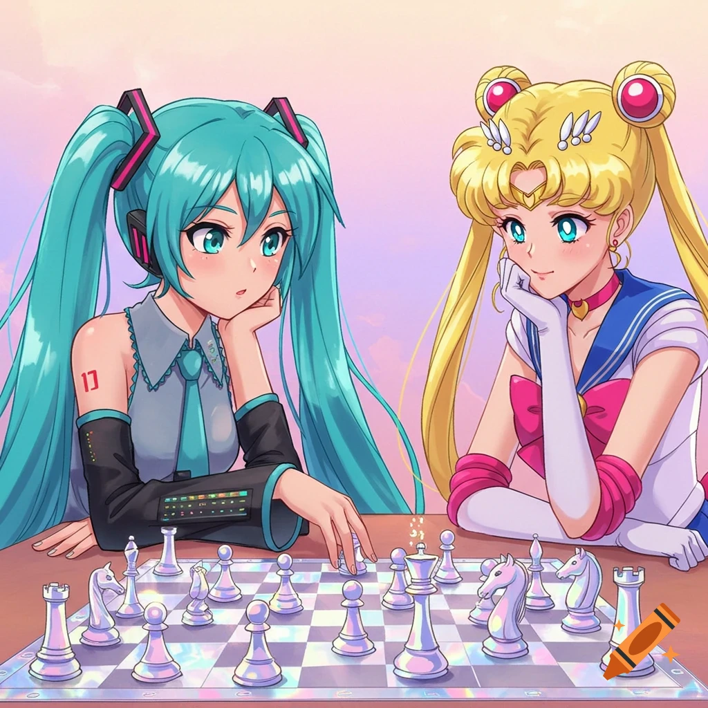 Anime illustration of Hatsune Miku and Sailor Moon playing chess. on ...