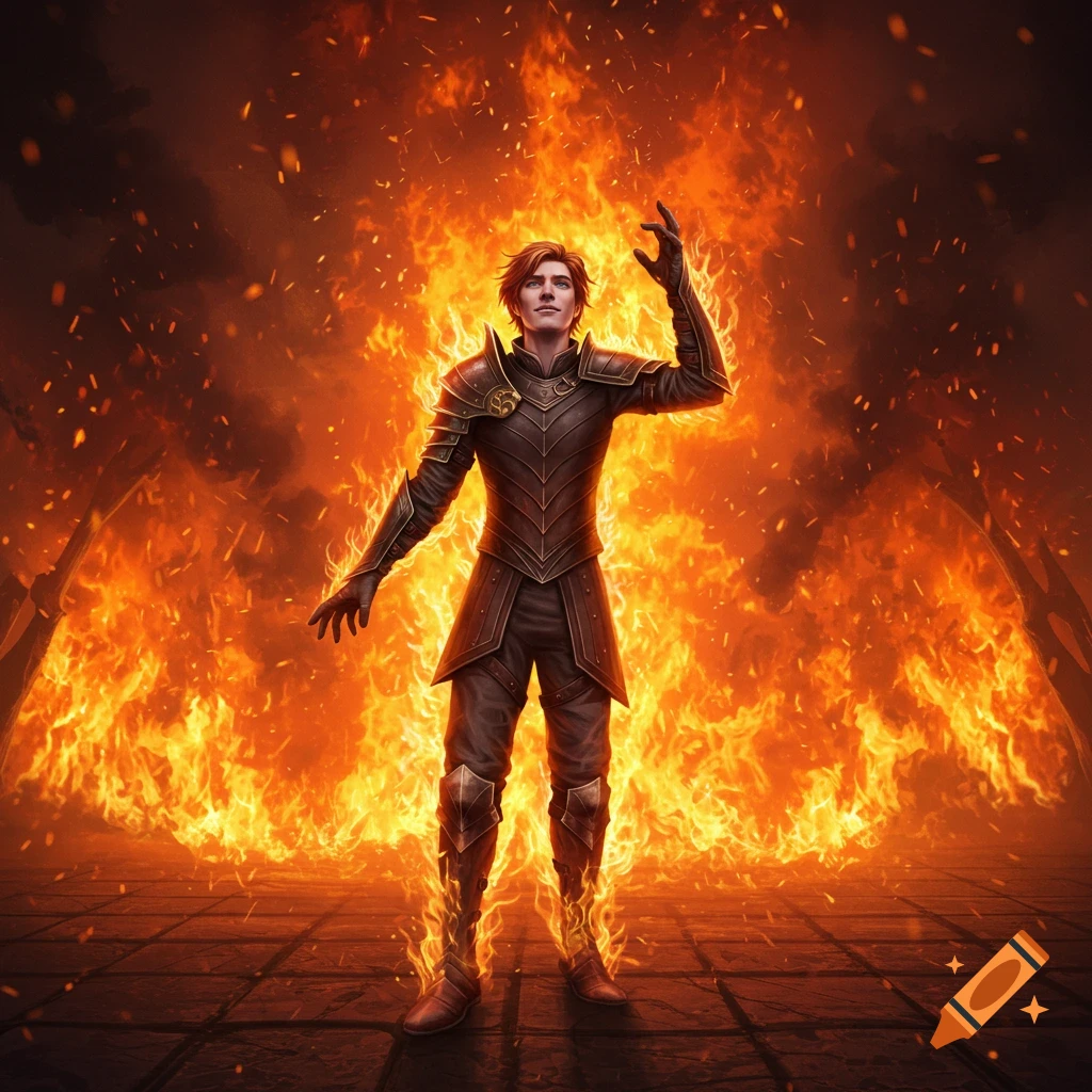 A man in dark armor stands with arms raised amidst raging flames in a fantasy illustration. on ...