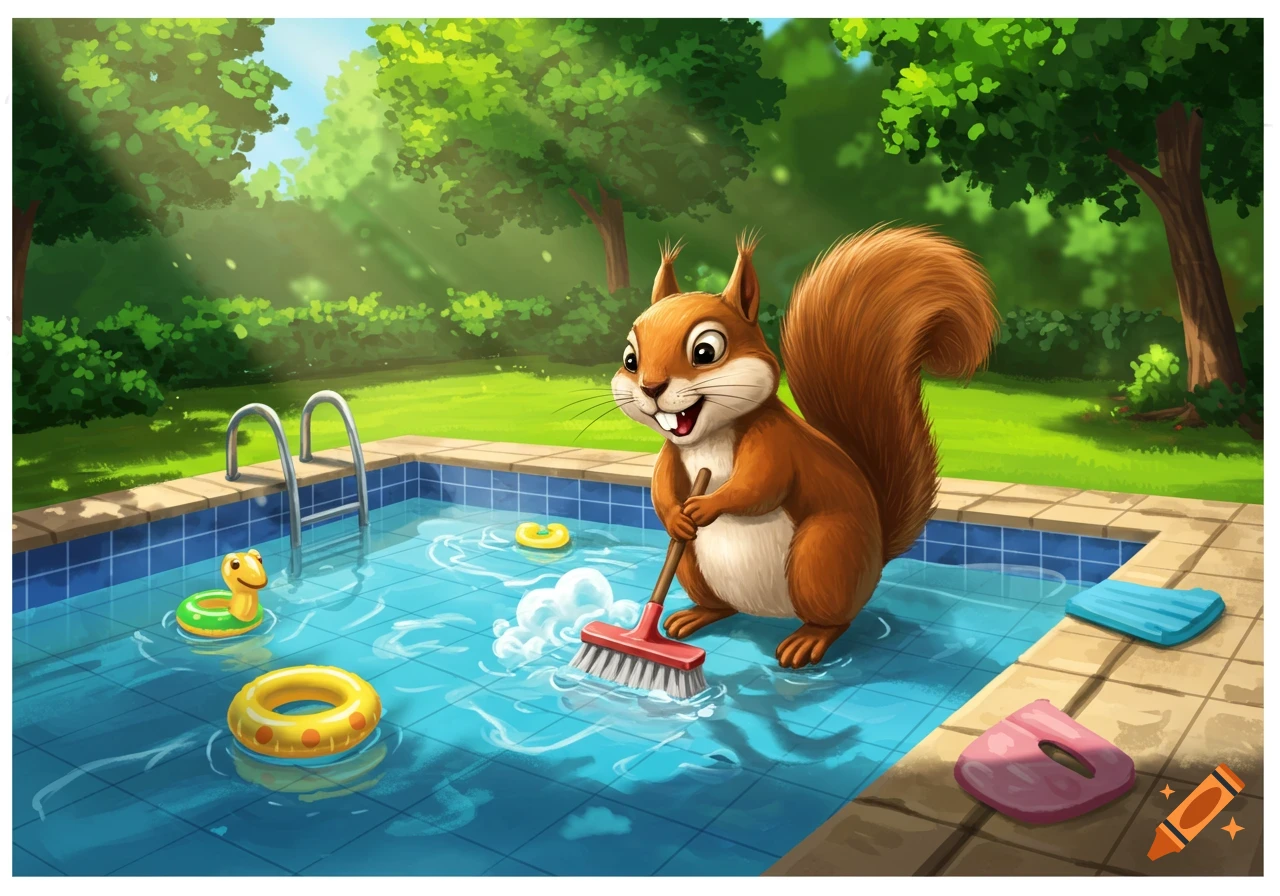 A cartoon squirrel cleans a swimming pool in a sunny backyard. on Craiyon