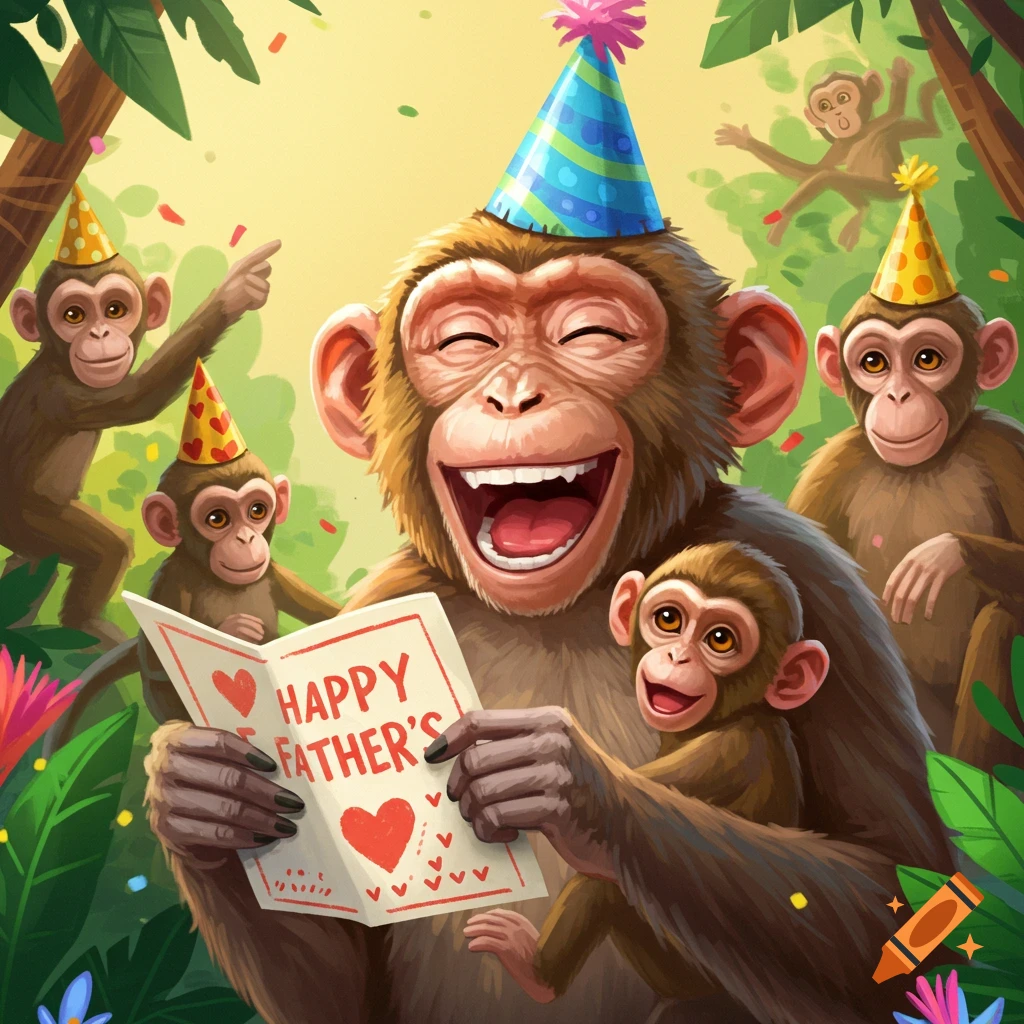Cartoon monkeys celebrating Father's Day with party hats and a card in ...