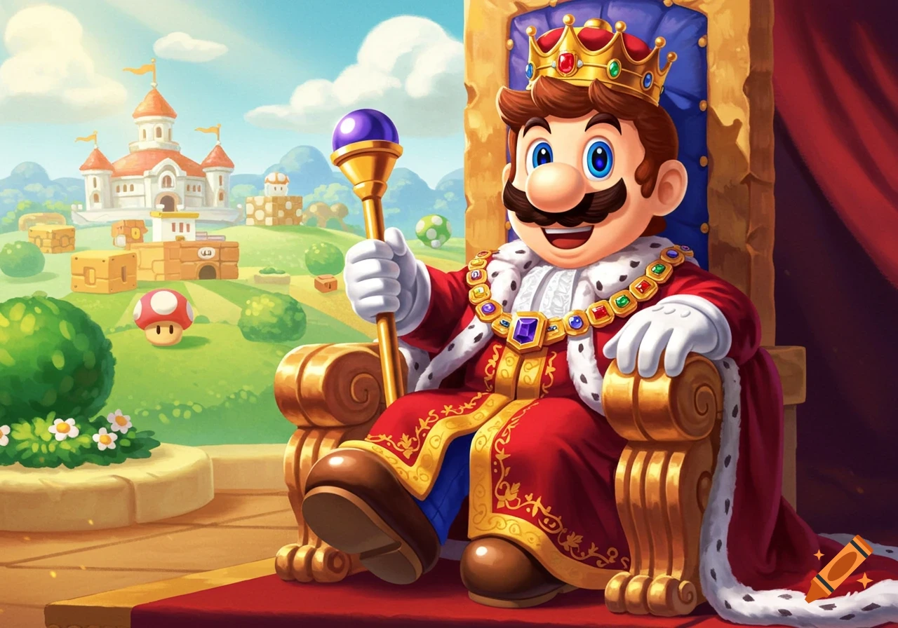 Cartoon Mario dressed as a king sits on a throne in a sunny kingdom ...