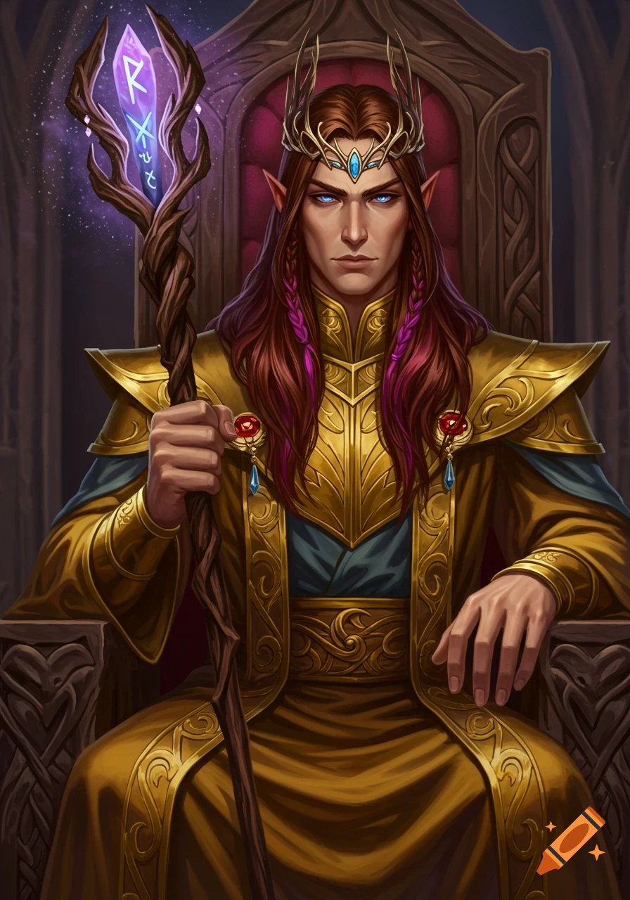 A fantasy portrait of an elf king sitting on a throne, holding a ...