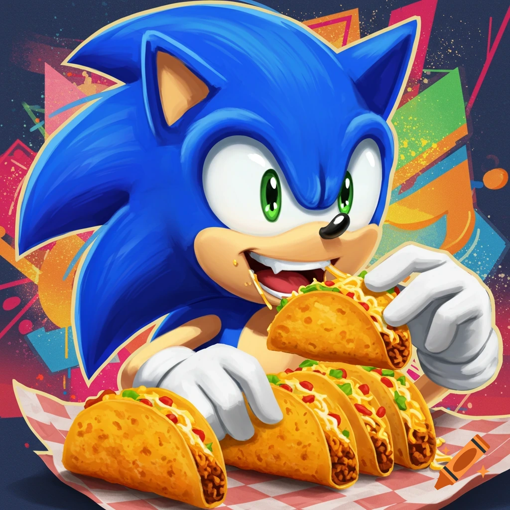 Sonic the Hedgehog eating a pile of tacos on Craiyon