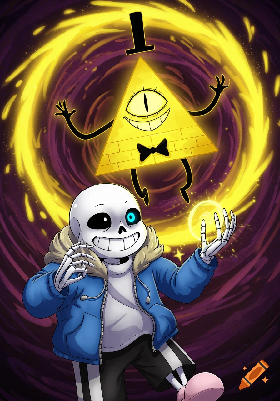 A digital illustration of Sans from Undertale and Bill Cipher from ...
