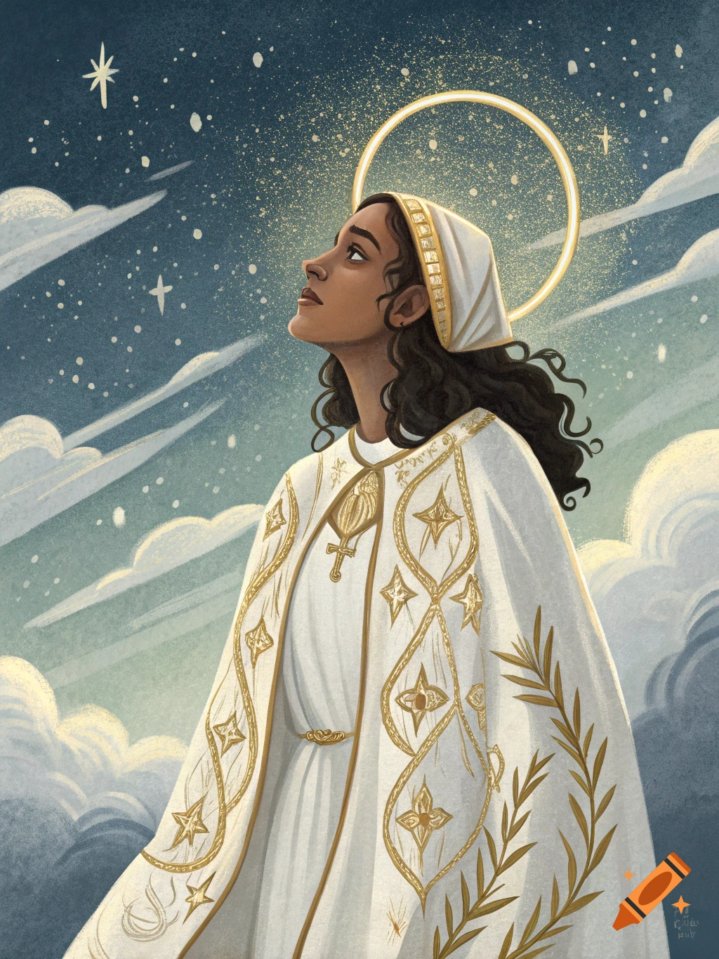 An illustration of a woman depicted as a saint, looking up at a starry ...
