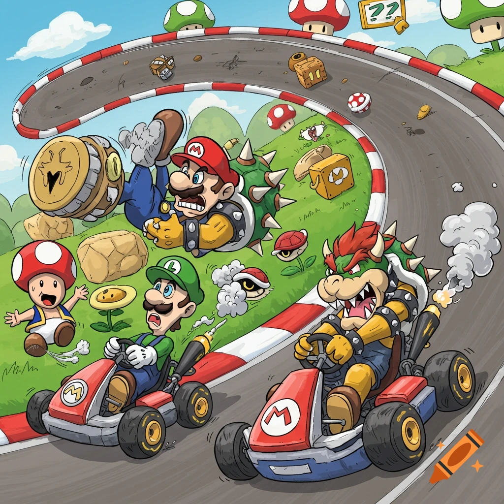 Cartoon of Mario falling off a barrel while Luigi and Bowser race in ...