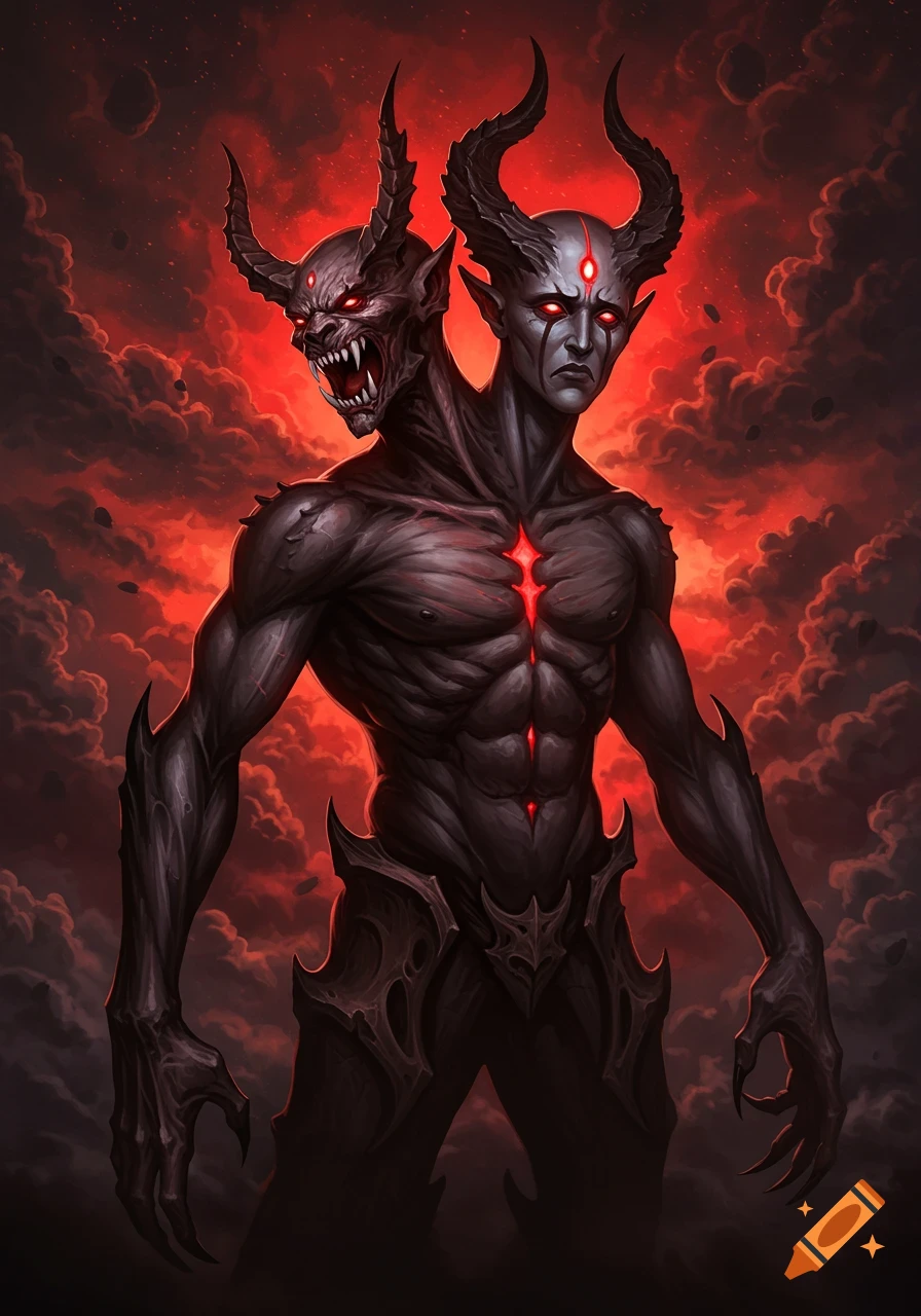 Two-headed demon with horns and clawed hands stands in a red, cloudy ...