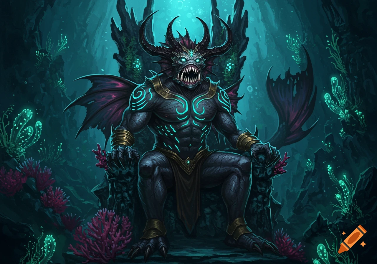 Fantasy art of a dark sea monster with glowing patterns sitting on an ...