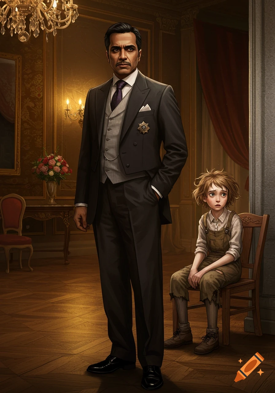 Illustration of a stern man in a suit standing next to a child in rags ...