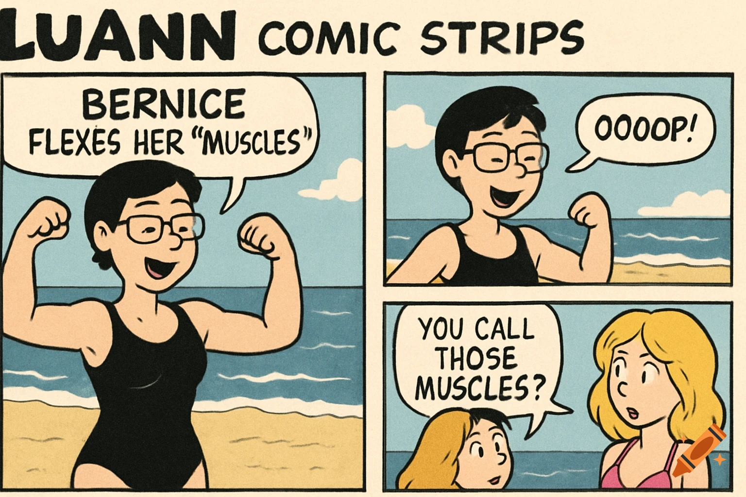 Cartoon comic strip showing a character flexing muscles at the beach ...